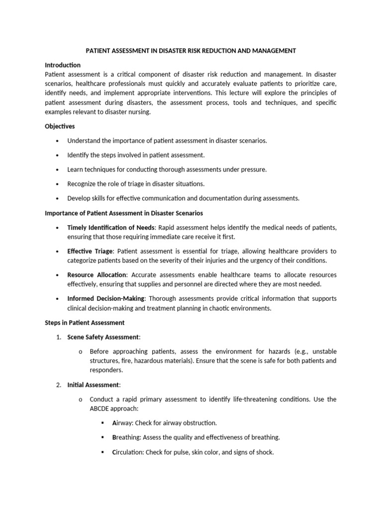 Patient Assessment in Disaster Risk Reduction and Management | PDF ...