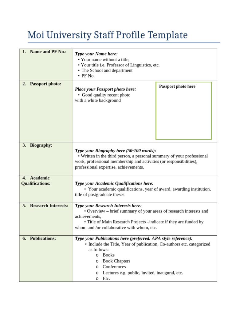 Moi University Staff Profile Template Updated29sept2020 | PDF | Academia