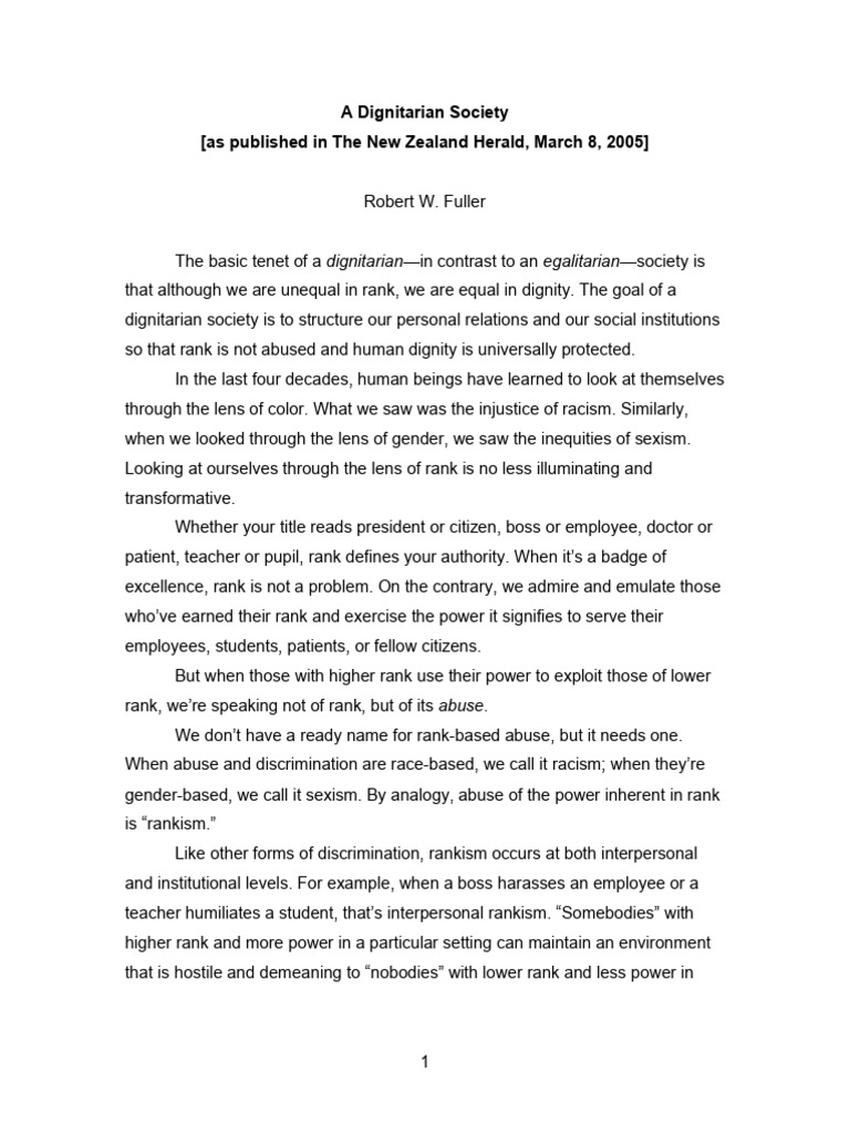 A Dignitarian Society, Published in The New Zealand Herald - Robert W ...