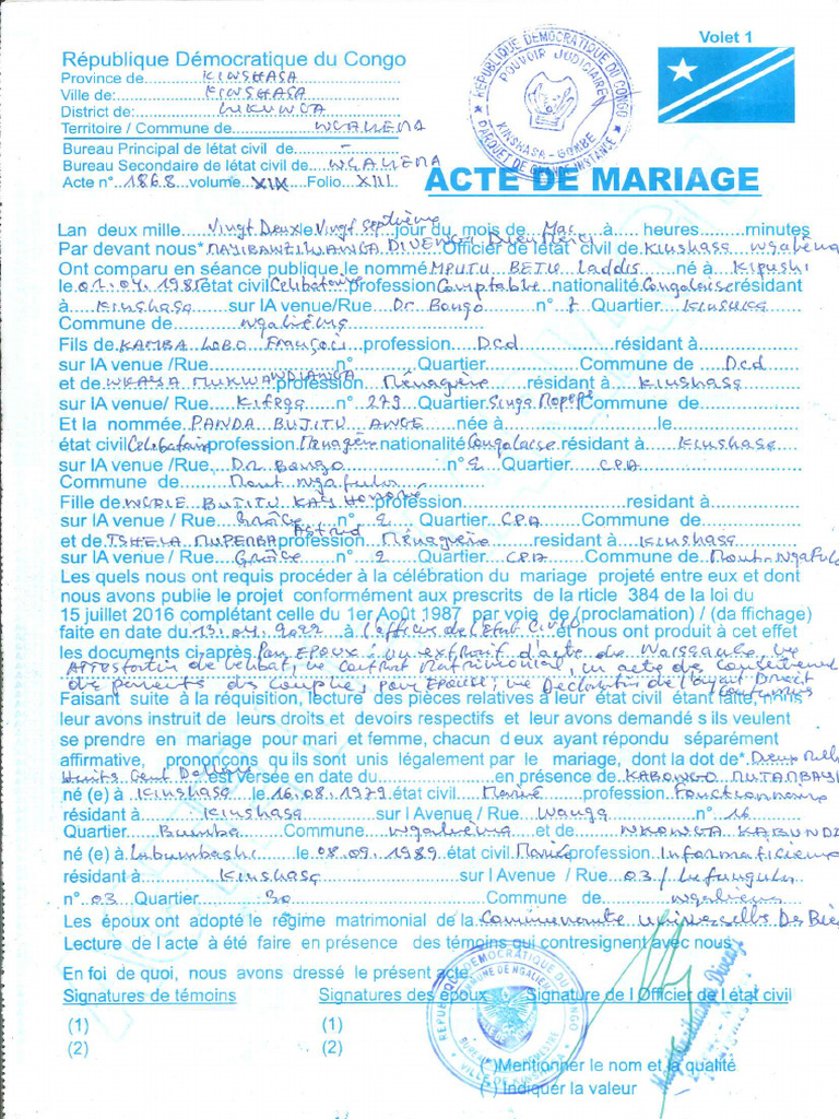 Acte de Marriage Kinshasa | PDF