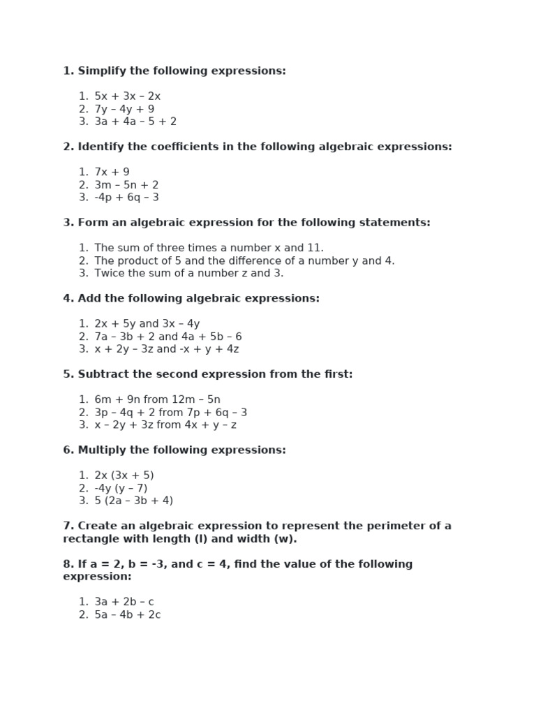 Grade 7 Algebraic Expression | PDF