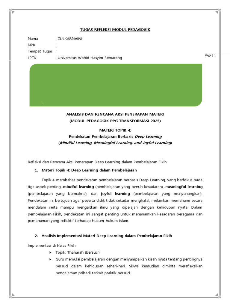 Tugas Refleksi Modul Pedagogik - ZK | PDF