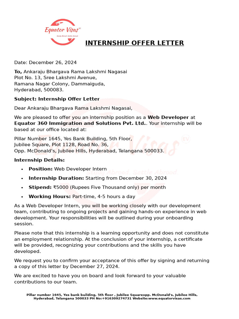 Web Developer Internship Offer Letter | PDF