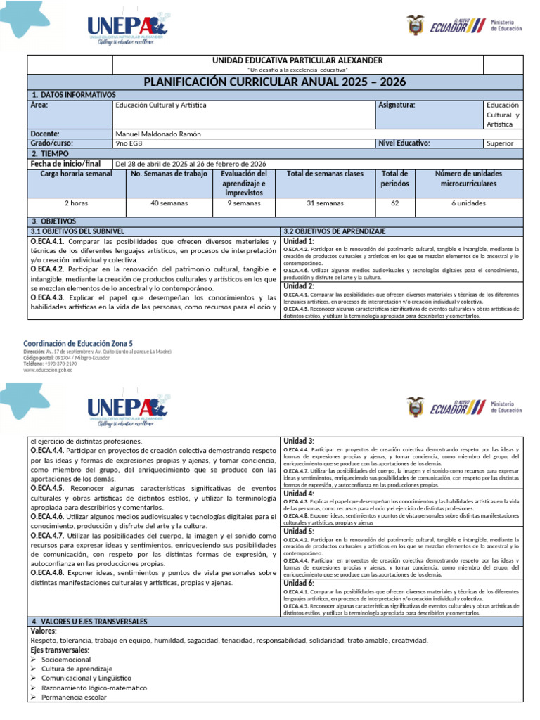 Pca 2025 - Eca - 9no | PDF | Arte de performance | Aprendizaje