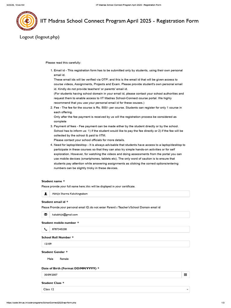 IIT Madras School Connect Program April 2025 - Registration Form | PDF | Computing