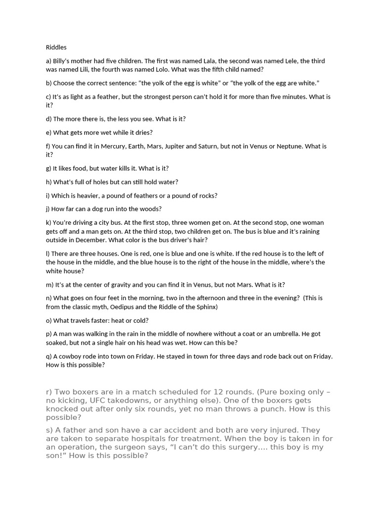 Fun Riddles and Brain Teasers | PDF | Planets In Astrology