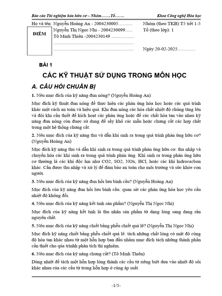 Nhóm 01 - Báo Cáo Tn Hhc - Bài 1 | PDF