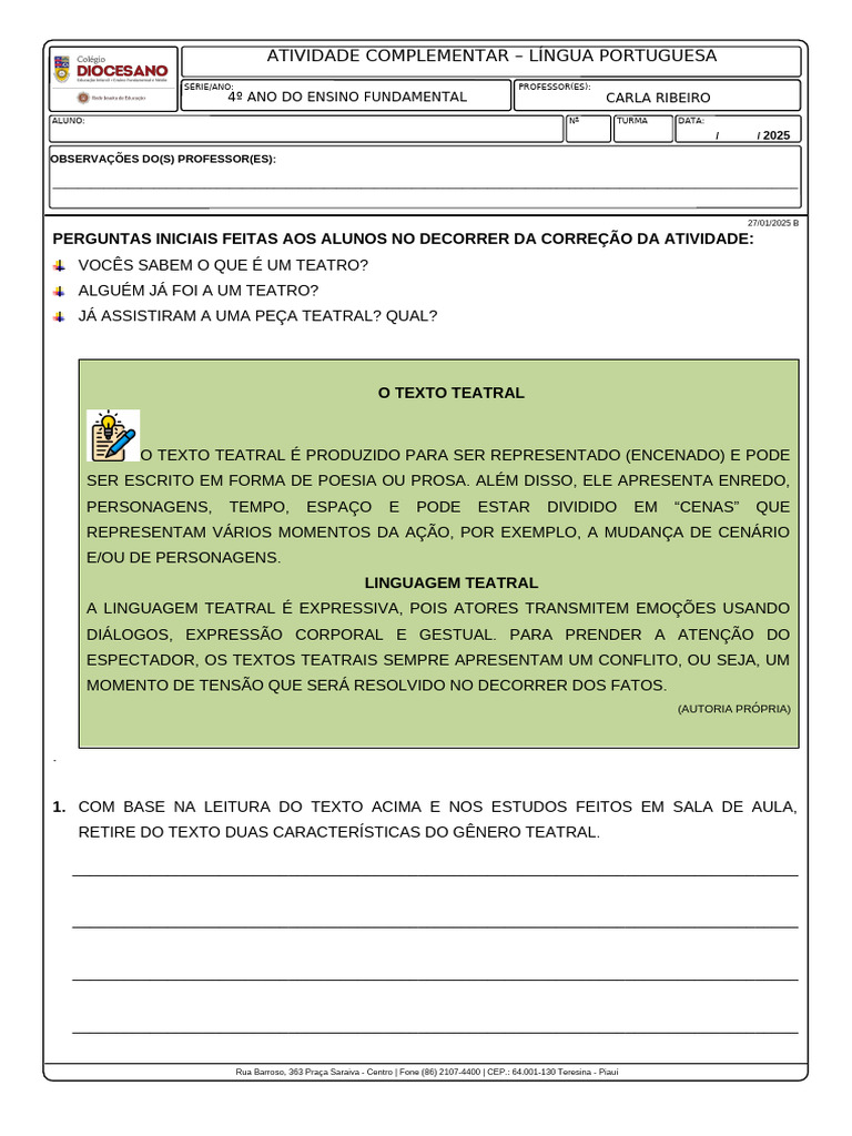 27-01-2025 - Língua Portuguesa - o Texto Teatral - 4º Ano Rafael | PDF | Teatro | Substantivo