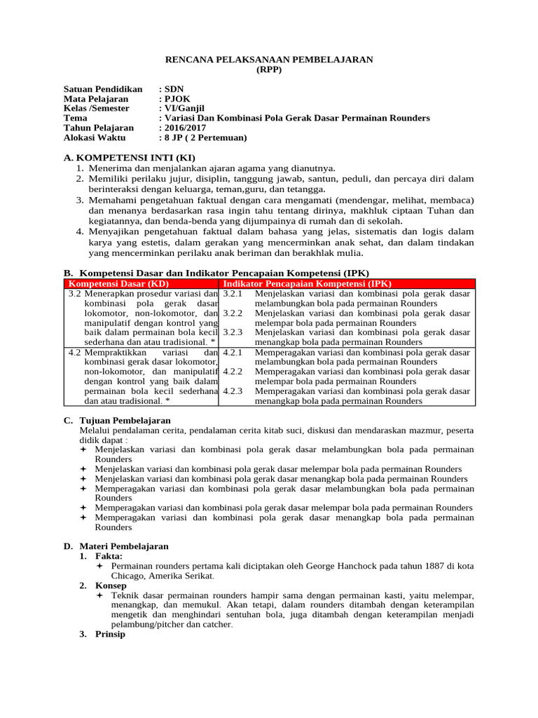 11. RPP. KD 3.2 Subtema B - Variasi Dan Kombinasi Pola Gerak Dasar Permainan Rounders | PDF