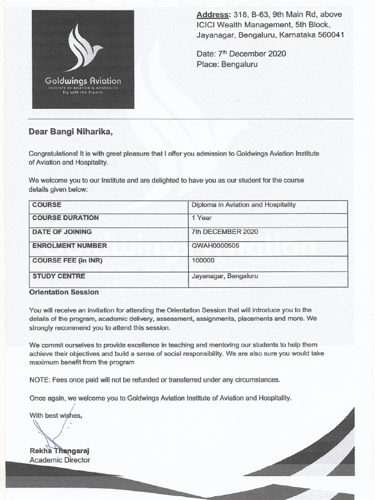 Bangi Niharika Admission Letter | PDF