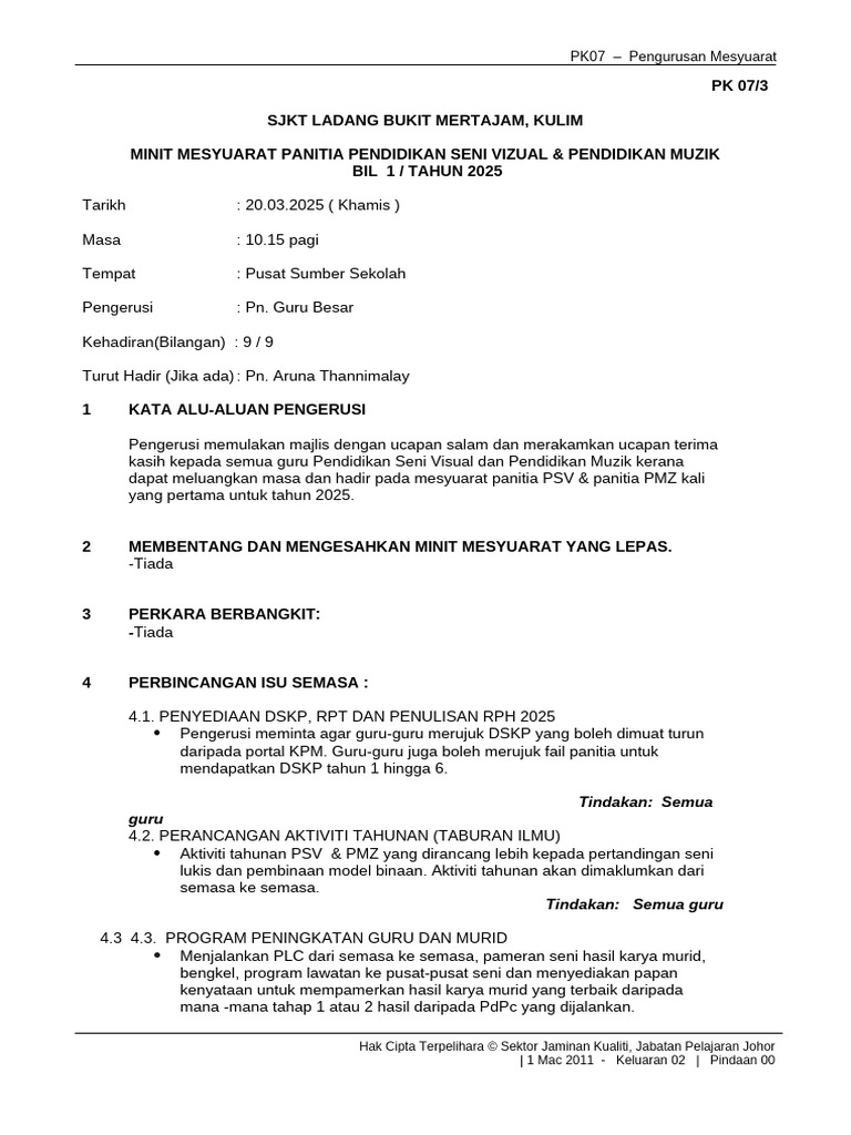 Borang PK 07 3 CONTOH FORMAT MINIT MESYUARAT-PSV & MZ | PDF
