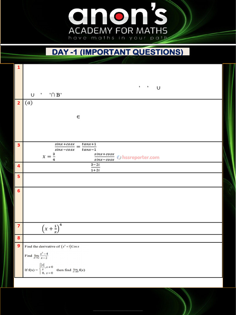 Plus One Maths Set Questions & Answers | PDF