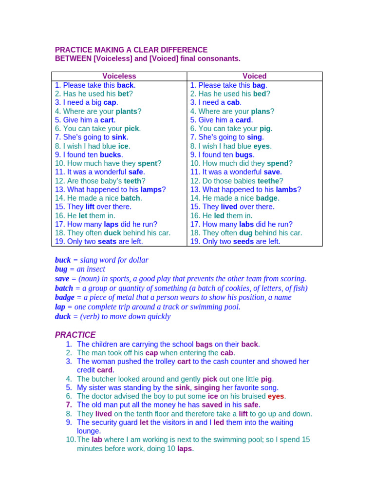 Voiced vs Voiceless Consonants Practice | PDF | Linguistics | Language ...