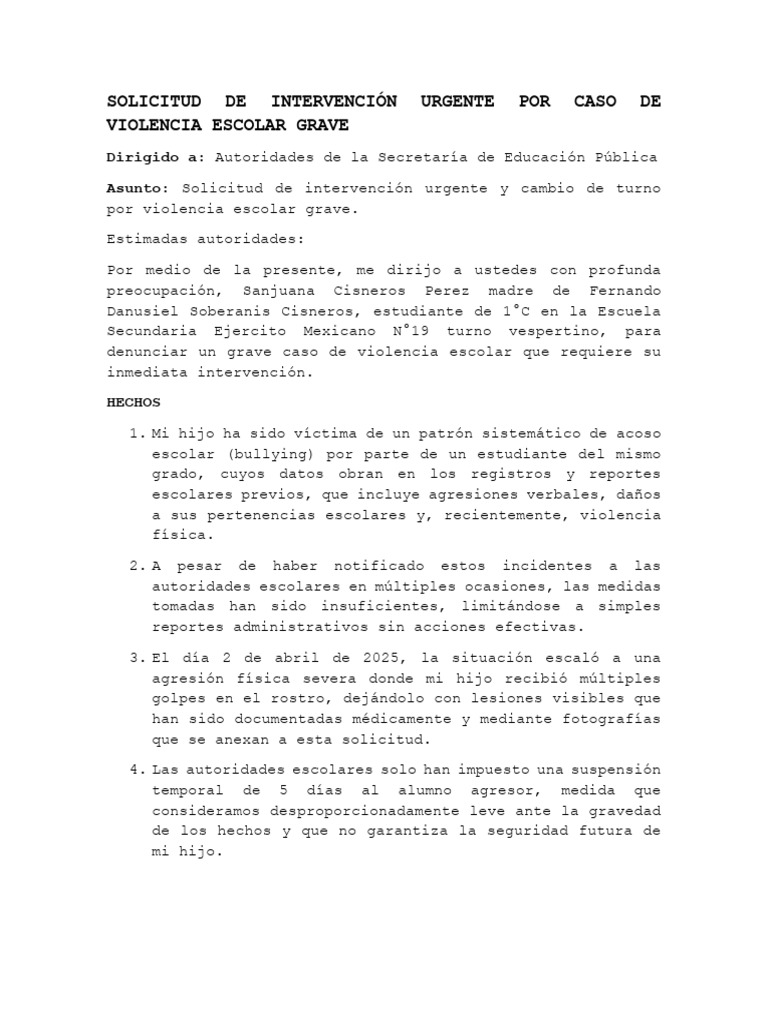 Solicitud de Intervención por Bullying Escolar | PDF | Violencia | Agresión