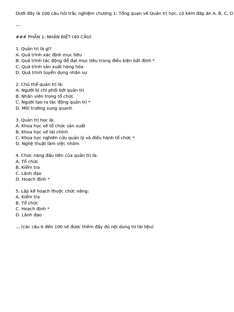 100 Cau Trac Nghiem Quan Tri | PDF