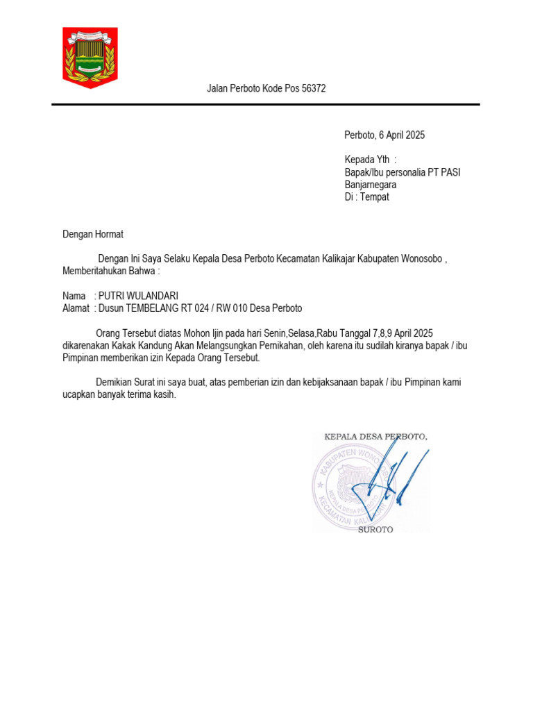 Surat Ijin Kerja PT | PDF