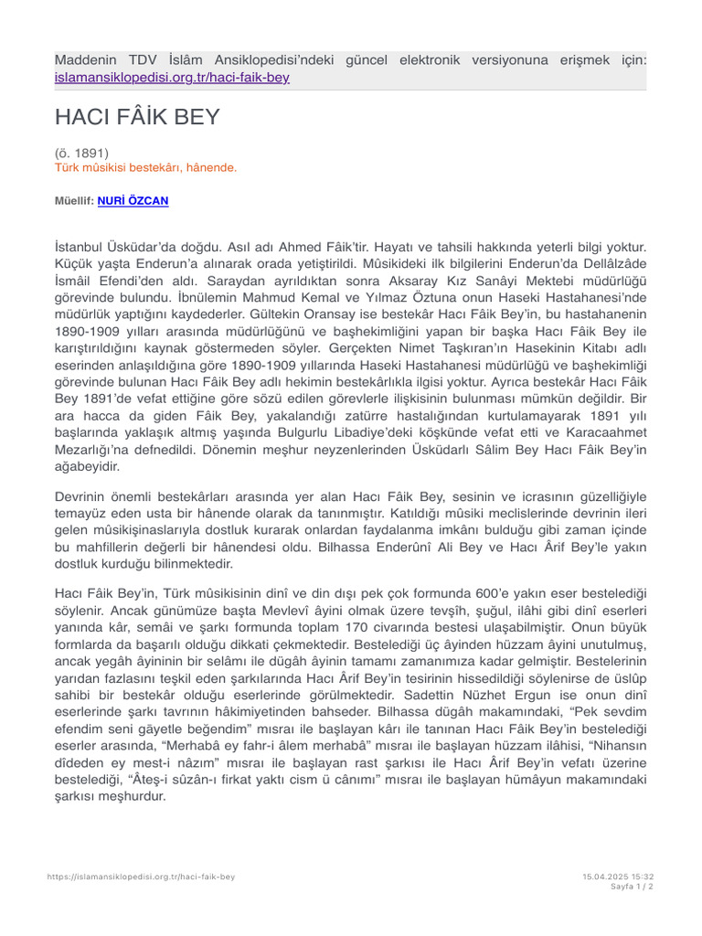 HACI FÂİK BEY - TDV İslâm Ansiklopedisi | PDF