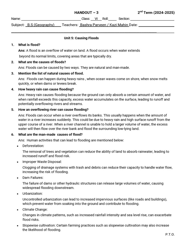 Class VI Geography - Handout-3 | PDF | Flood | River