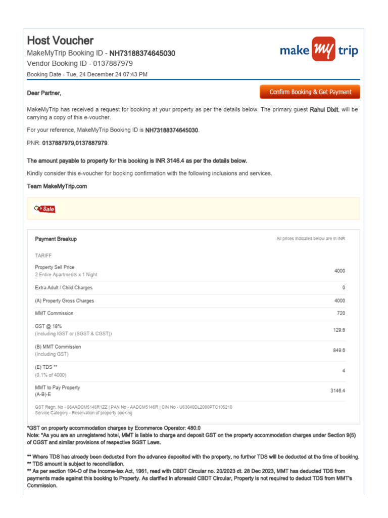 MakeMyTrip Hotel Booking Voucher | PDF | Payments | Taxes