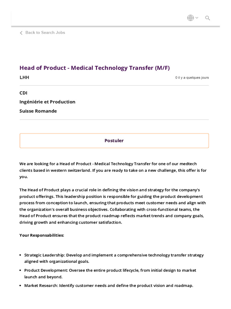 Head of Product - Medical Technology Transfer (M - F) Suisse Romande ...