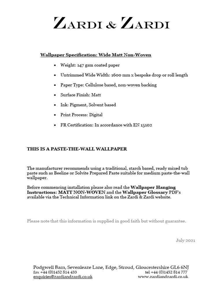 Zardi Wallpaper Specifications Guide | PDF