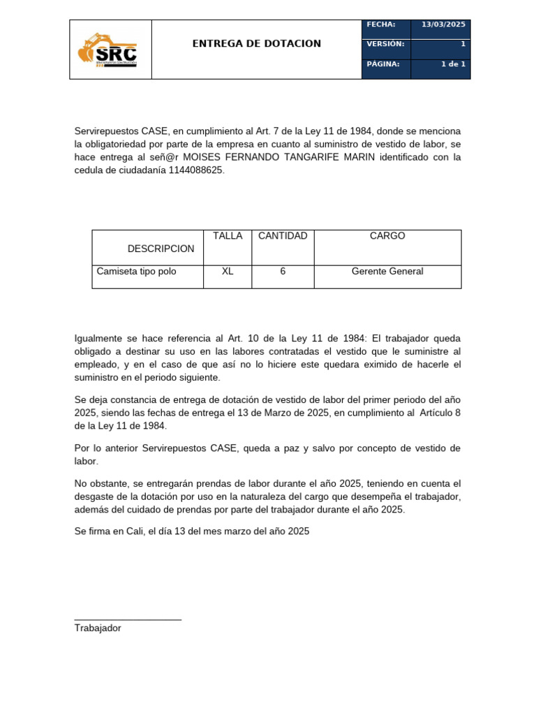 Acta Entrega de Dotacion | PDF