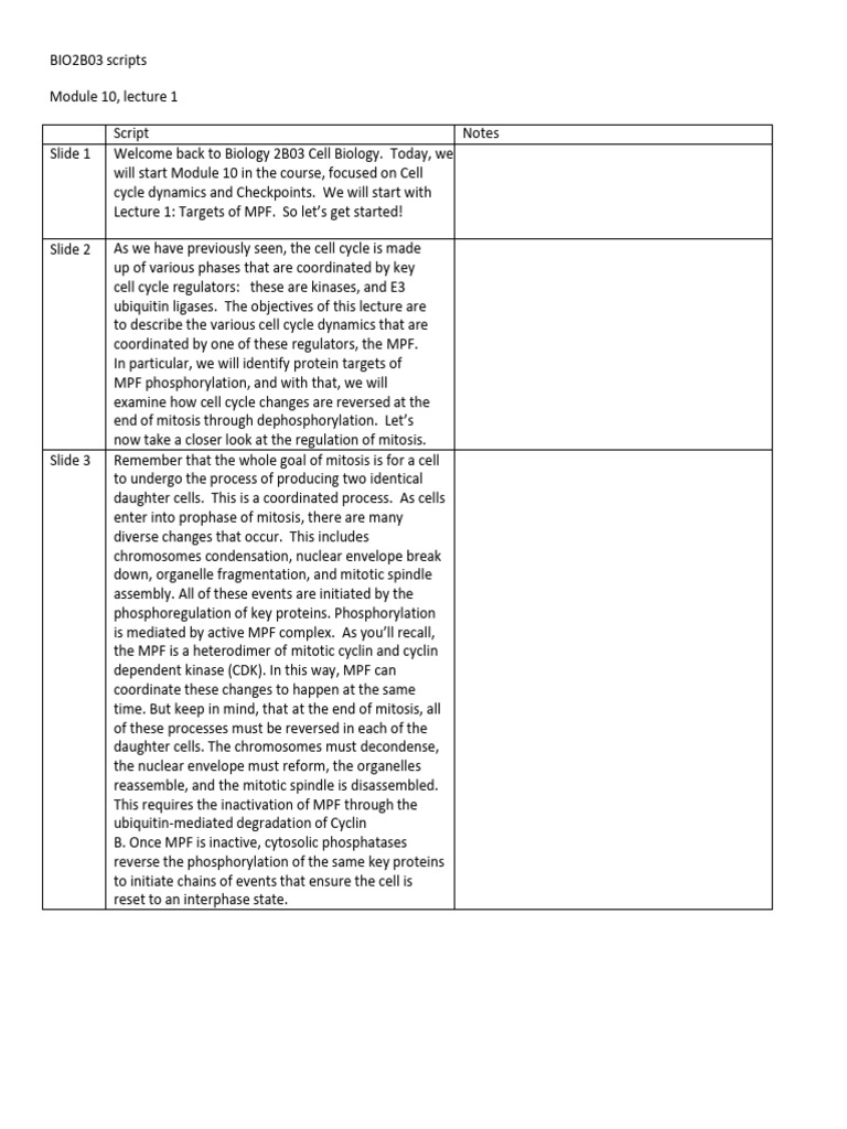 Bio 2B03 Module 10 Lecture 1 Script | PDF | Mitosis | Cell Cycle