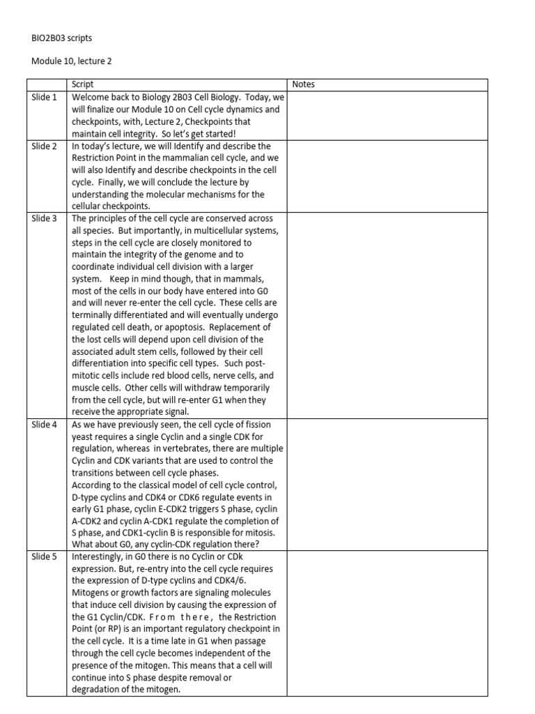 Bio 2B03 Module 10 Lecture 2 Script | PDF | Cell Cycle | Mitosis