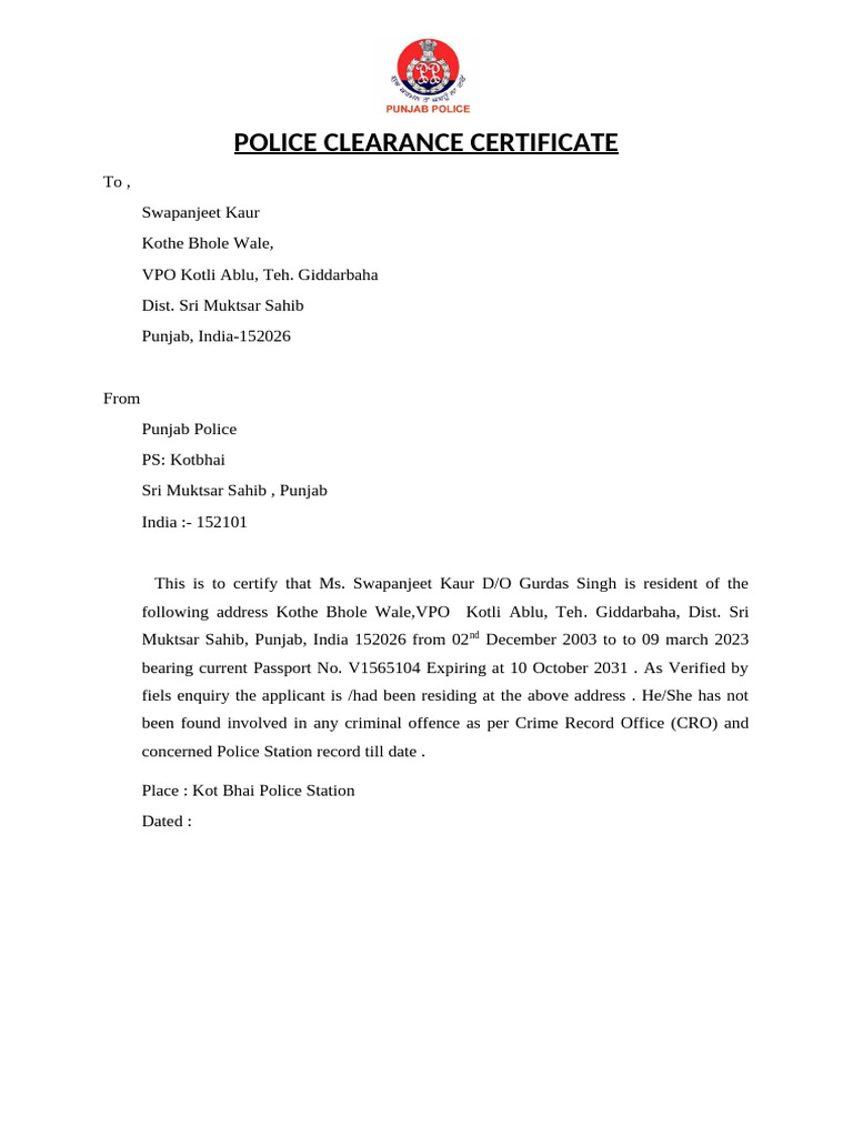 Punjab Police Clearance Certificate | PDF
