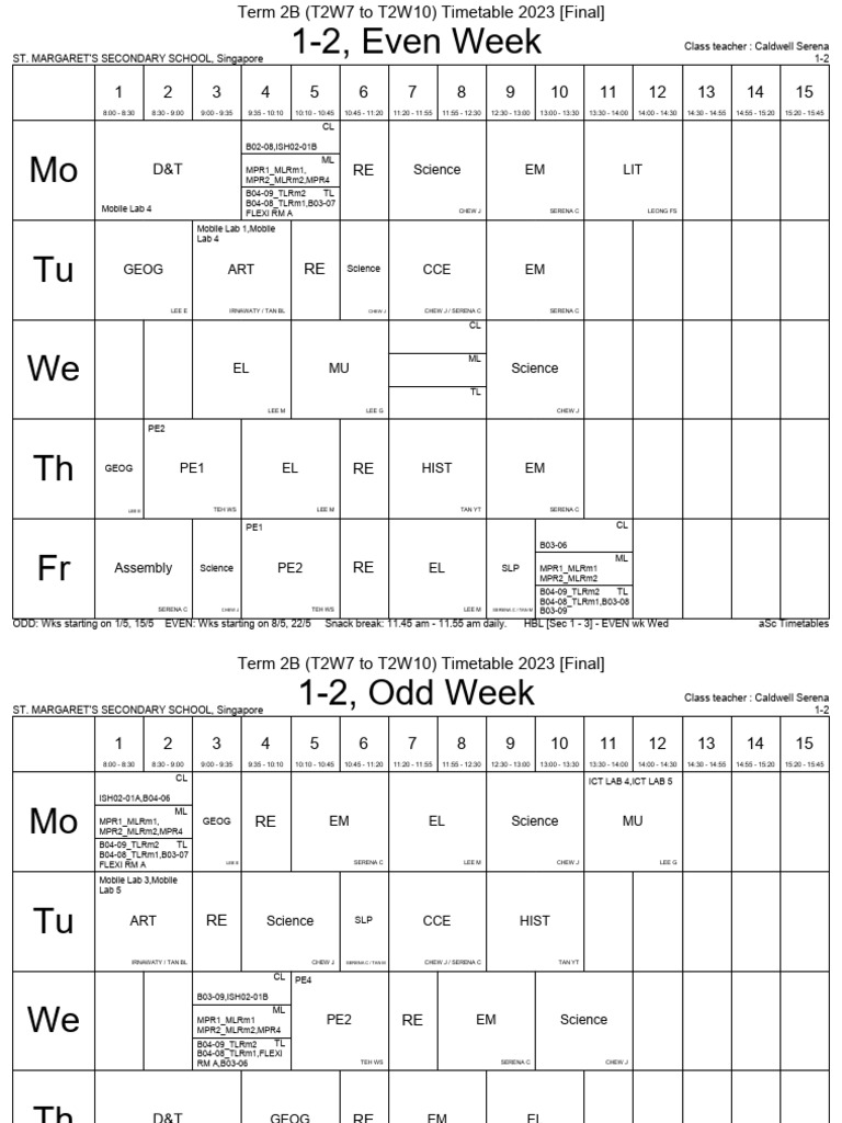 Term 2B TImetable - Class 1-2 | PDF