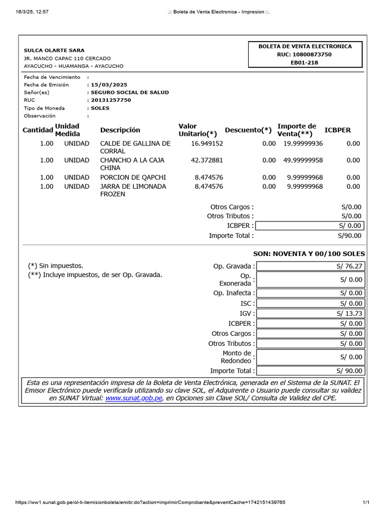 Boleta de Venta Electrónica Detallada | PDF
