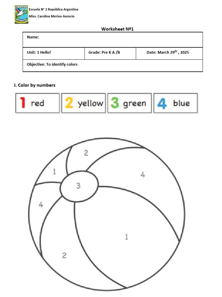 Worksheet Nº1 - Pre K - Colors 1 | PDF