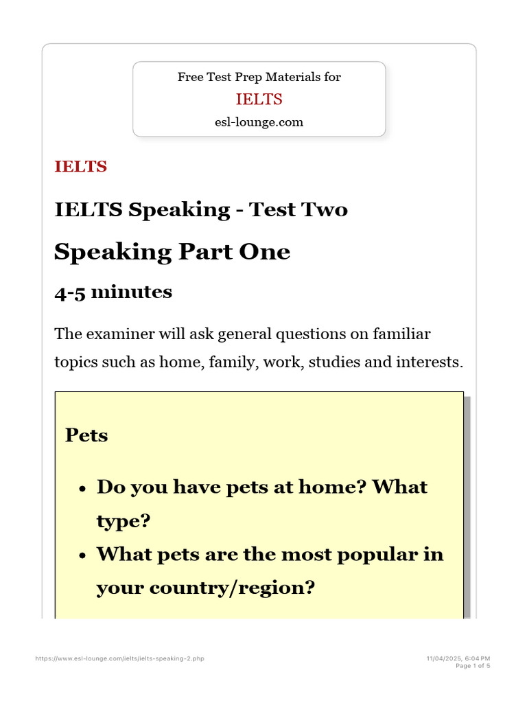 IELTS - Speaking - Test Two | PDF | International English Language ...