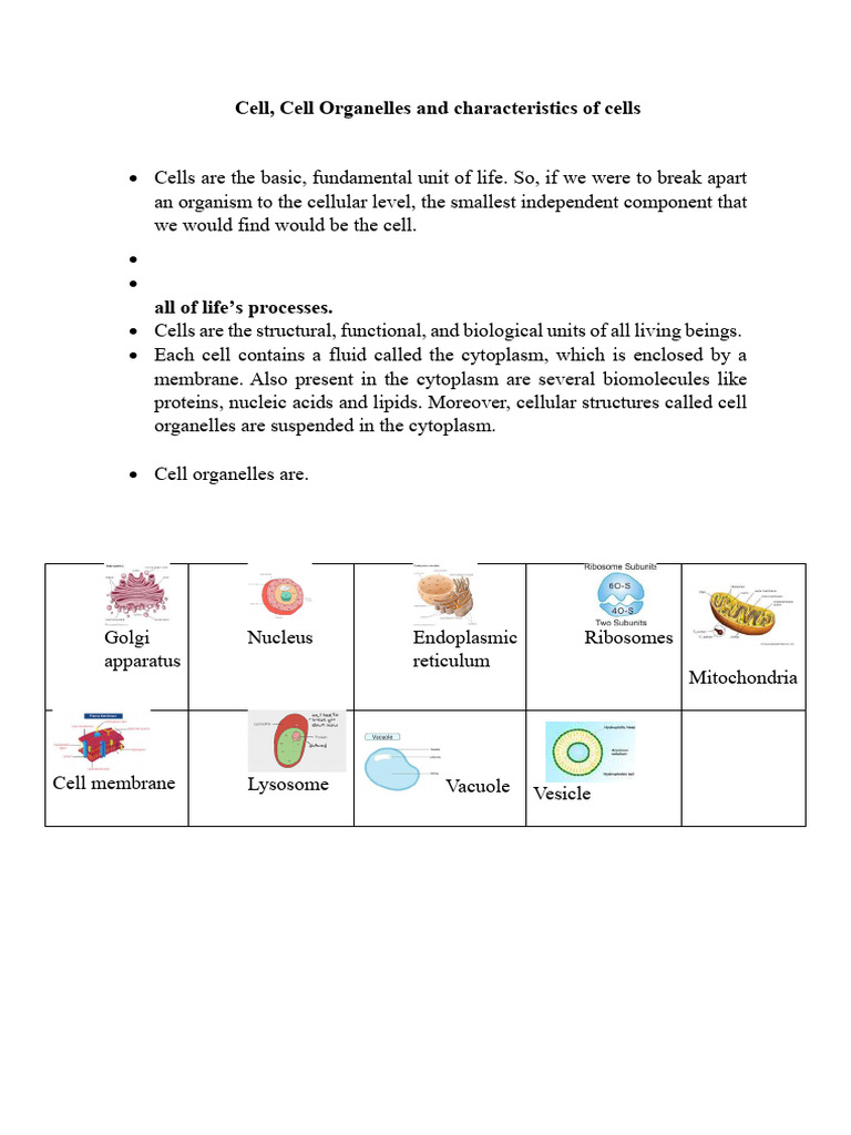Cell, Cell Organelles and Characteristics of Cells | PDF | Cell ...