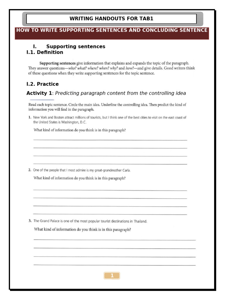 Writing Handout 4. Supporting and Concluding Sentences | PDF ...