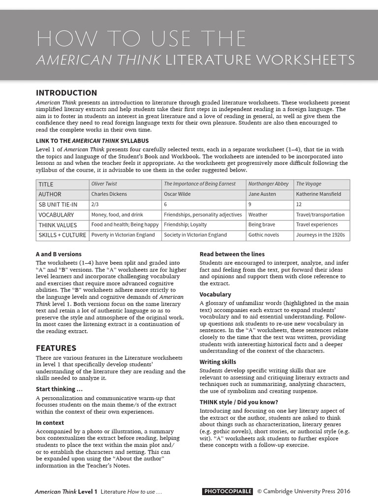 How To Use The Literature Worksheets | PDF | Vocabulary | Cognition