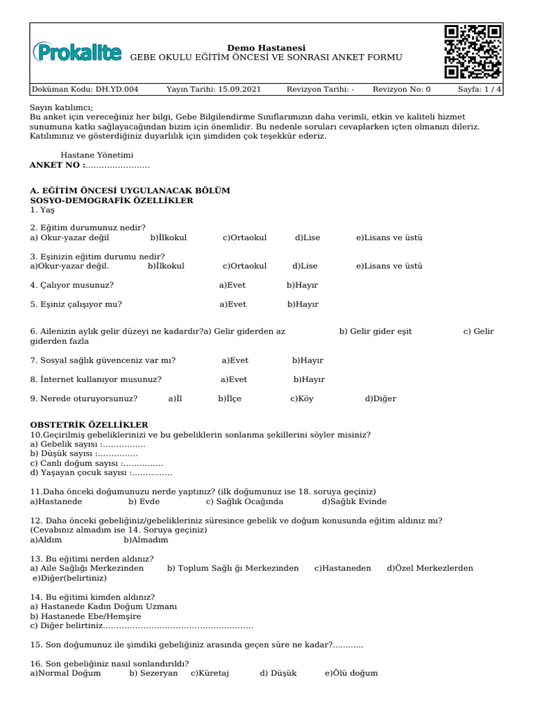 Gebe Okulu Eğitim Öncesi Ve Sonrasi Anket Formu | PDF