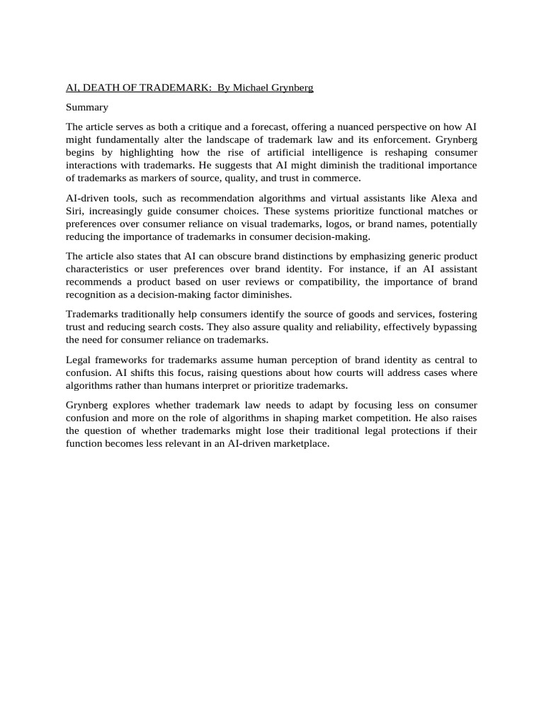 Ai Death of Trademark Michael Grynberg | PDF