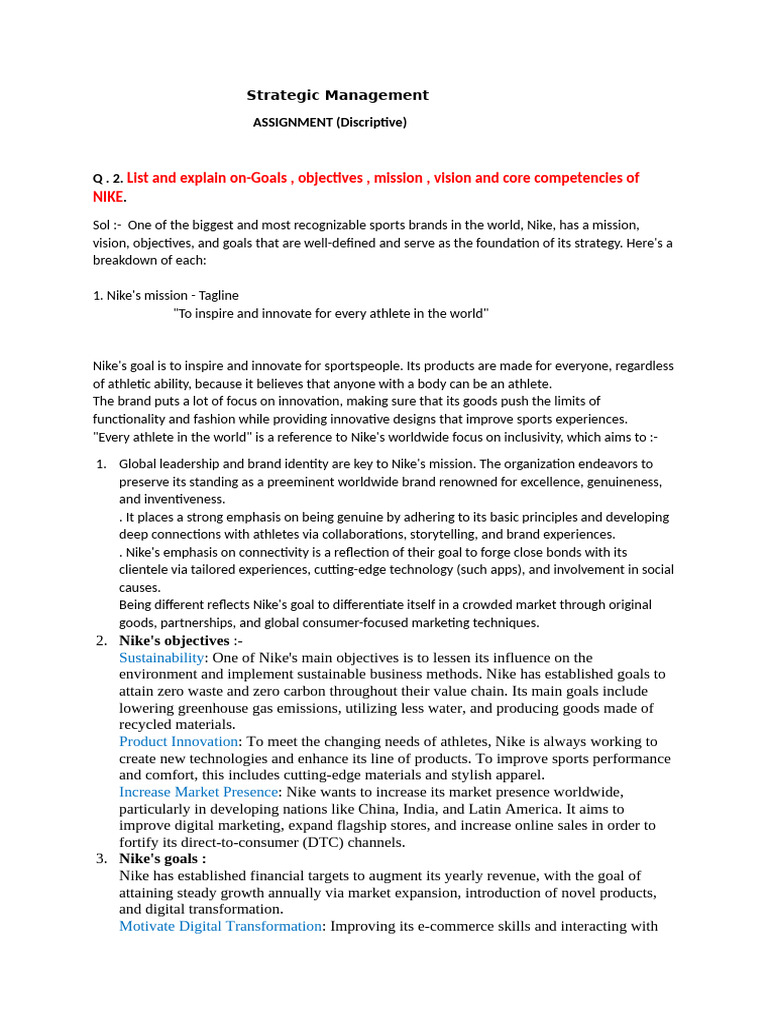ASSIGNMENT - Strategic Management Sem2 | PDF | Nike | Leadership