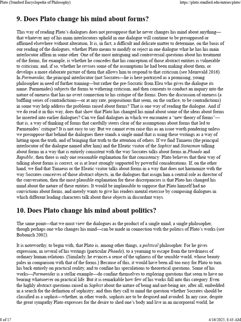 Plato Does Plato Change His Mind About Forms (Stanford Encyclopedia of ...