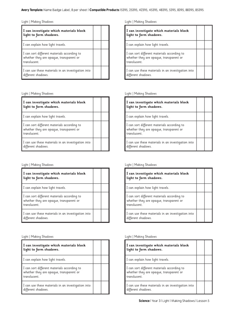 Success Criteria Grid Making Shadows | PDF | Waves | Materials