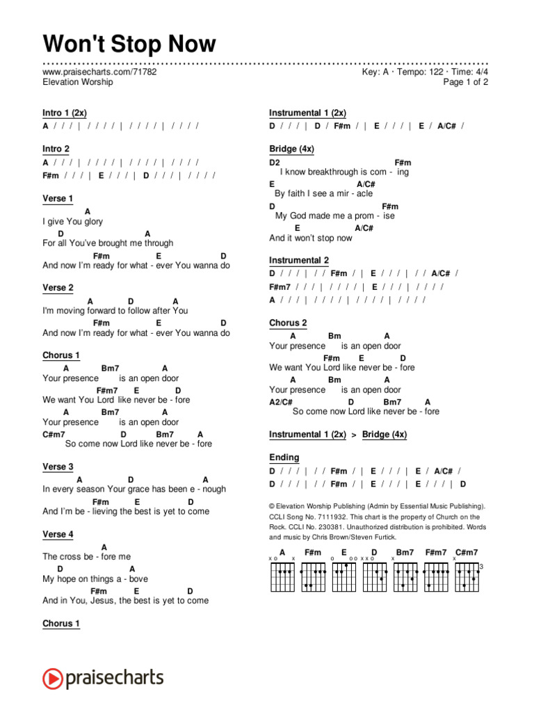 Won't+Stop+Now +Chord+Chart+ +A | PDF | Song Structure