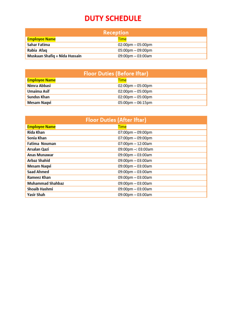 Ramadan Duty Schedule for Employees | PDF