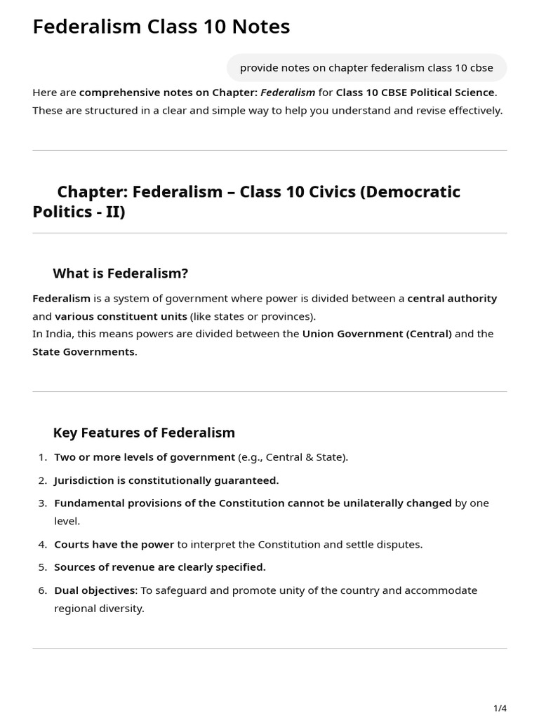 Federalism Class 10 Notes | PDF | Justice | Crime & Violence