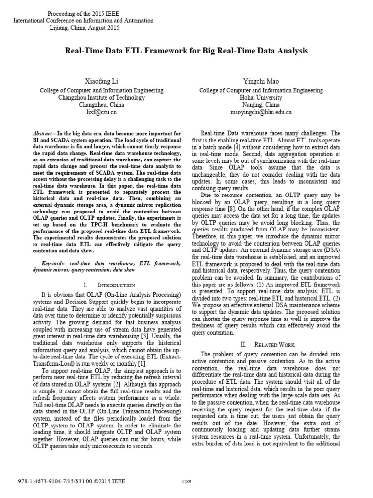 Real-Time Data ETL Framework For Big Real-Time Data Analysis IEEE Paper | PDF | Data Warehouse ...