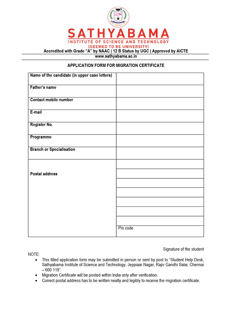 Application For Migration Certificate-V2 | PDF