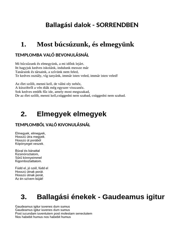 Ballagási Dalok - VÉGLEGES SORREND | PDF