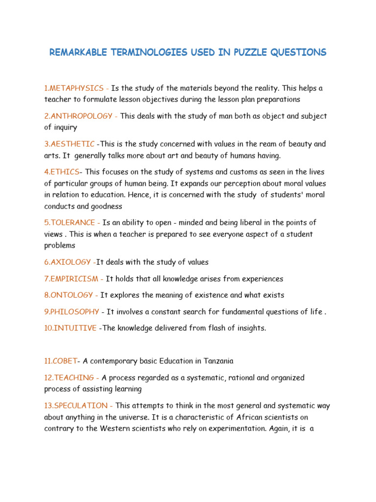 Remarkable Terminologies Used in Puzzle Questions | PDF | Knowledge ...