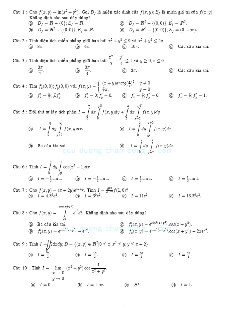 Giai Tich 2 Ngan Hang Cau Hoi Trac Nghiem on Giua Ki | PDF