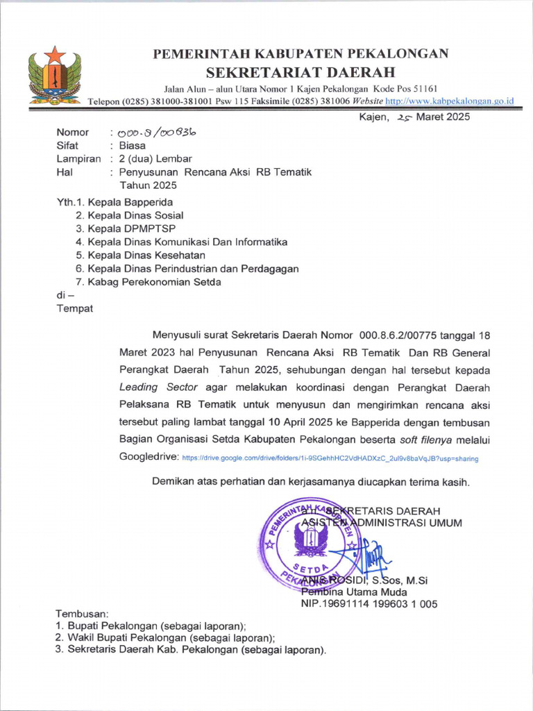 Surat Penyusunan Rencana Aksi RB Tematik Tahun 2025 | PDF